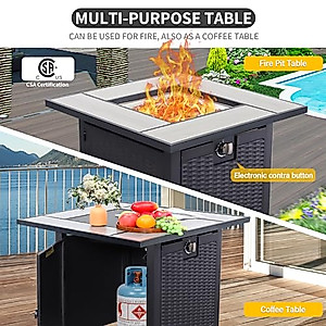 Lviden 4 Pieces Outdoor Patio Furniture Set, Wicker Conversation Sets, Black PE Rattan Sectional Couch Sofa with 50000 BTU Gas Fire Pit Table and Peacock Blue Cushions