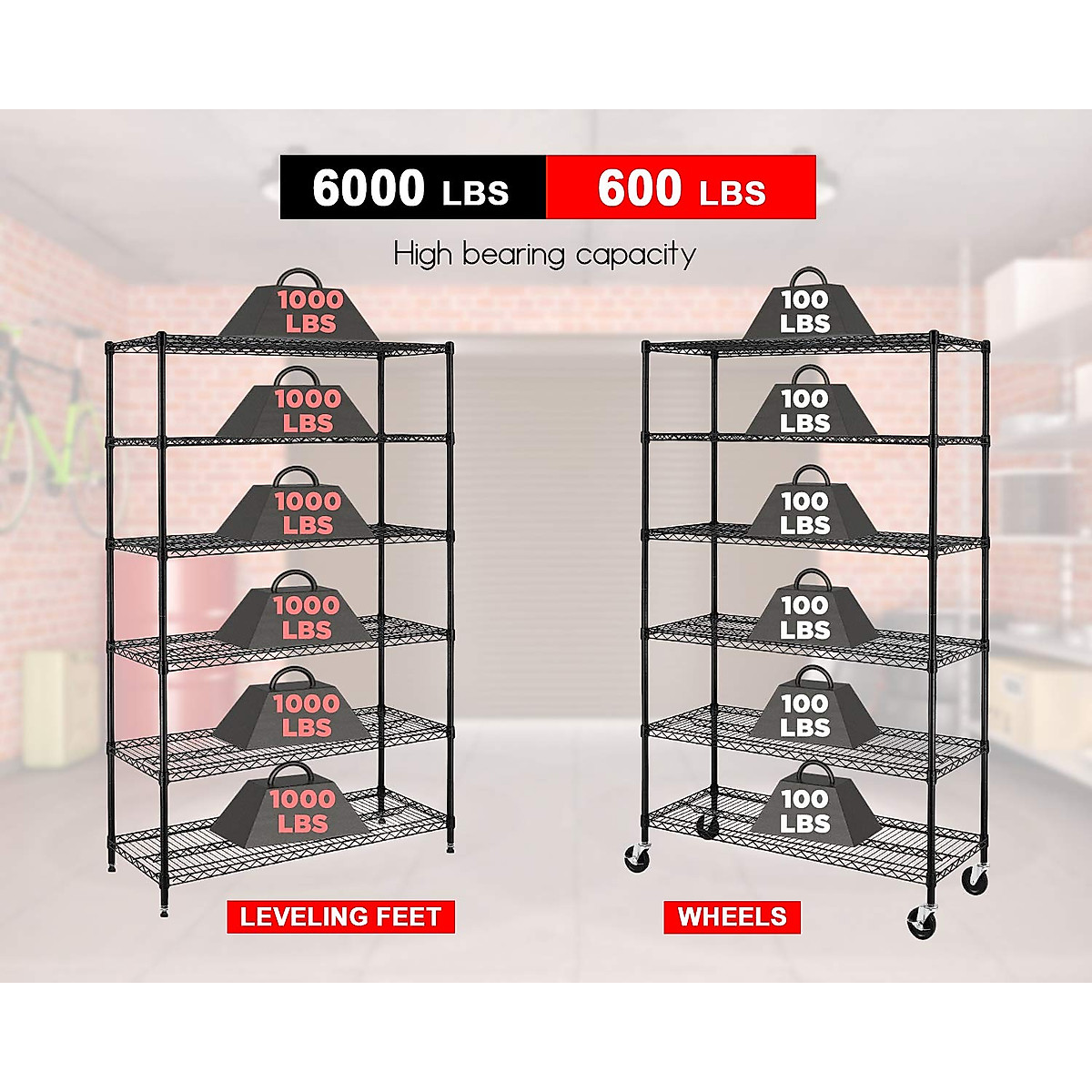 FDW 48" L×18" W×76" H Wire Shelving Unit Metal Shelf with 6 Tier Casters Adjustable Layer Rack Strong Steel for Restaurant Garage Pantry Kitchen Garage,Black