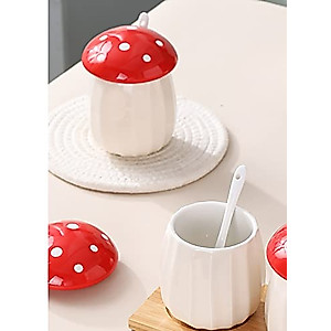 Mozacona Ceramic Mushroom Shape Sugar Bowl Spice Jar Seasoning Pot with Lid Spoon