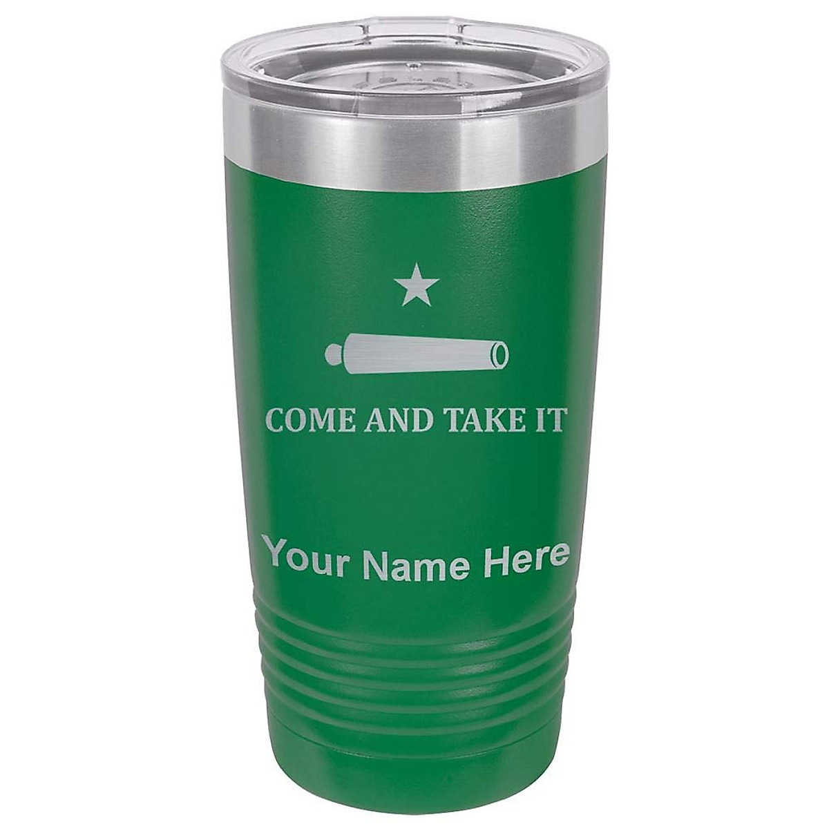 LaserGram 20oz Vacuum Insulated Tumbler Mug, Texas Come and Take It Flag, Personalized Engraving Included (Green)