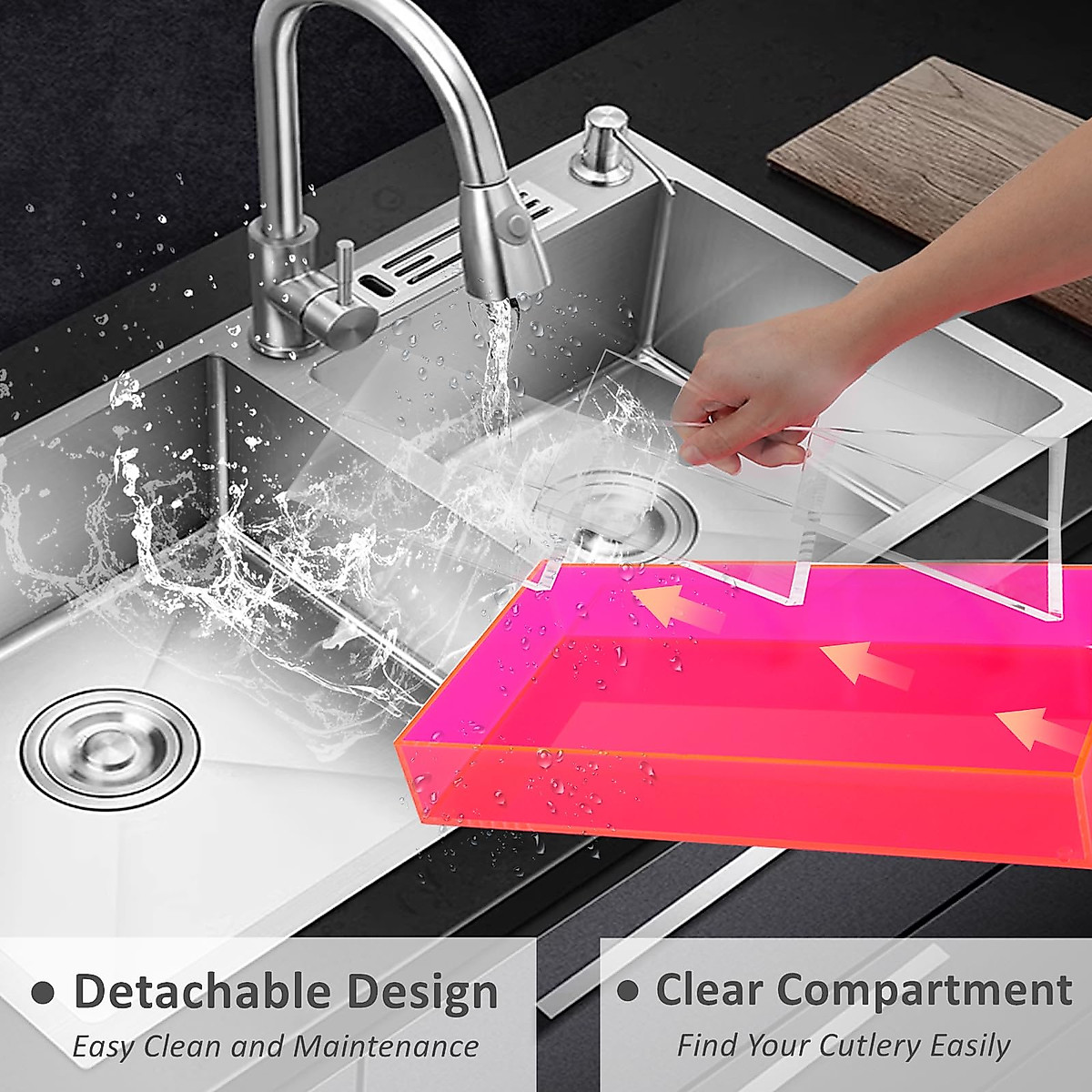 Gelite Acrylic Silverware Drawer Organizer Kitchen Cutlery Tray Caddy Flatware Organizer for Drawer, Easy Dismount and Wash, Neon Pink