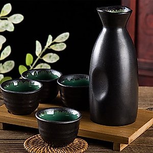 CoreLife Sake Set, Traditional 5 pcs Porcelain Ceramic Japanese Sake Sets with Sake Serving Bottle and 4 Sake Cups - Turquoise Black