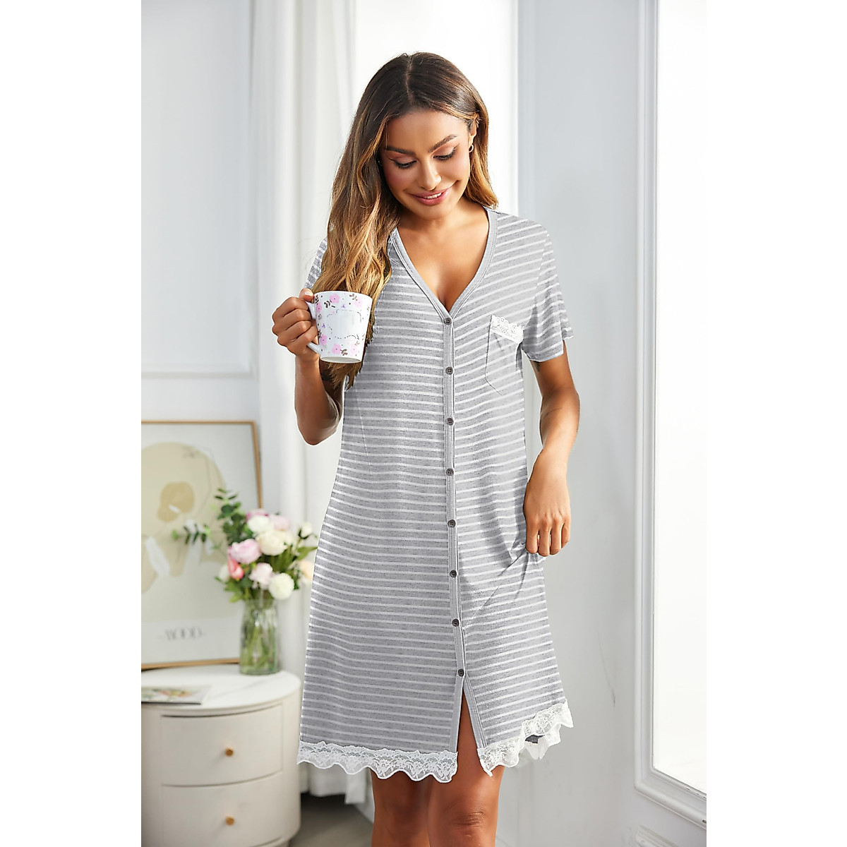 Ekouaer Women's Sleep Shirts Button Down Night Shirt Nightgowns Cotton