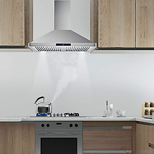Tieasy Wall Mount Range Hood 30 inch Kitchen Hood 700 CFM with Ducted/Ductless Convertible Duct, Touch Control, Permanent Filters, Stainless Steel, 3 Speed Exhaust Fan, LED Light