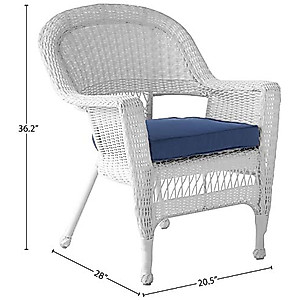 Jeco 3 Piece Wicker End Table Set with with Blue Chair Cushion, White