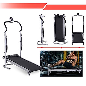 Soozier 2-in-1 Folding Walking Manual Treadmill Machine Sit Up Bench Running with LCD Screen Home Exercise Fitness