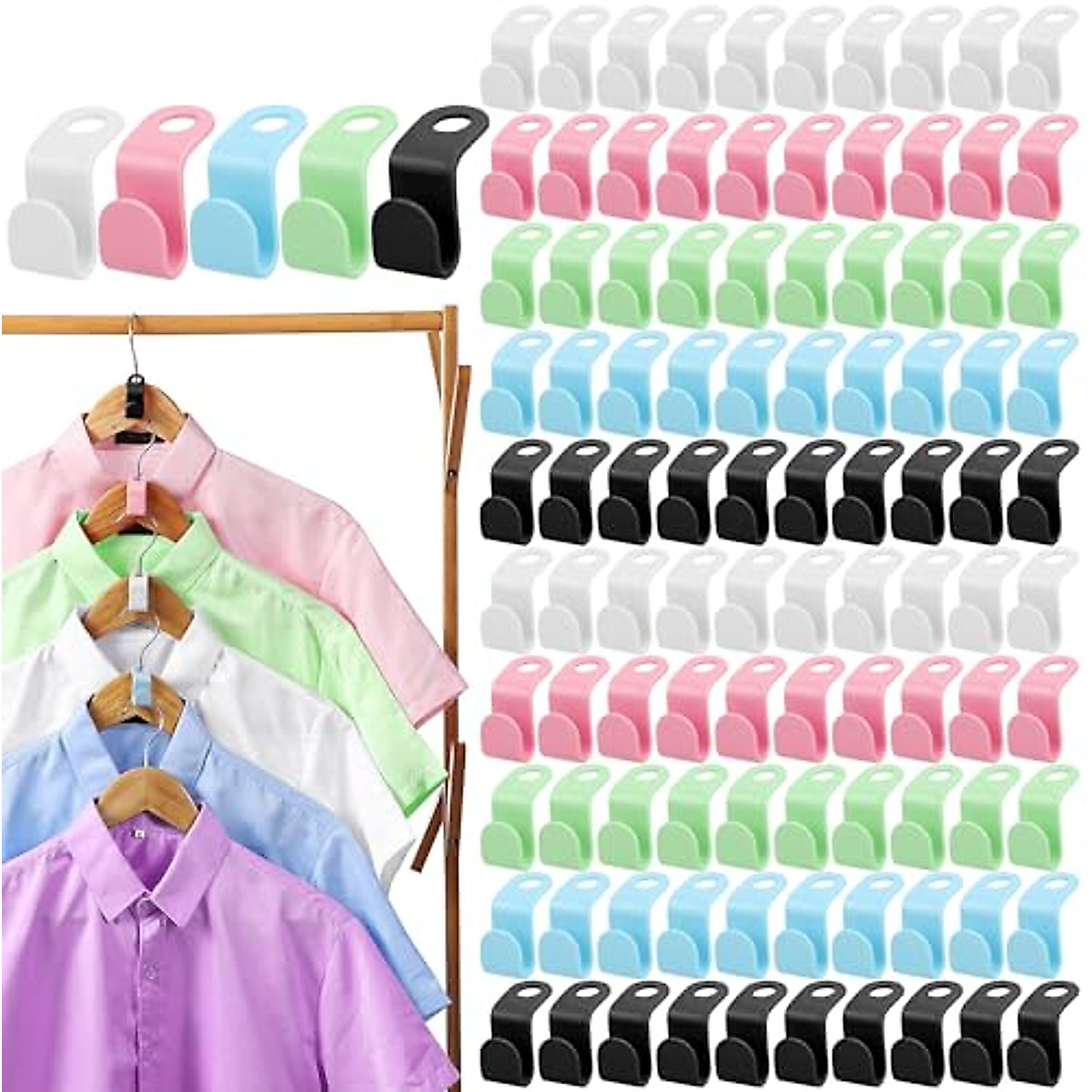 HOLLIHI 100 Pcs Clothes Hanger Connector Hooks,Plastic Cascading Hanger Hooks Extender Clips Connection Hooks,Space Saving Wardrobe Clothing Outfit Hangers Hooks for Organizer Closet Cabinet, 5 Colors