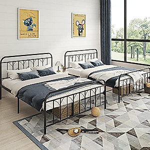 Saudism Queen Size Metal Bed Frame, 14.6" Queen Platform Bed Frame, Mattress Foundation with Victorian Style Iron-Art Headboard, Easy Assembly, Sturdy and Durable, No Box Spring Needed, Black