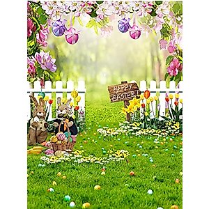 LTLYH 5x7ft Easter Backdrop Easter Floral Bokeh Photo Decorations Background Easter Rabbit Colorful Eggs Fence Green Grass Decor Photography Background 173