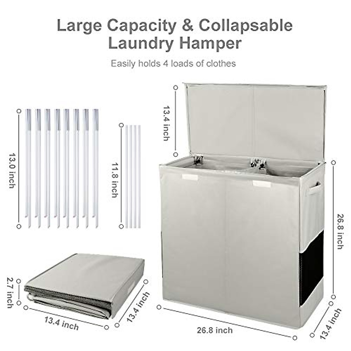 HOUSE AGAIN Double Laundry Hamper with Lid and Removable Laundry Bags, 160L, 2 Divider Dirty Clothes Hamper with Handles for Bedroom, Dorm, Foldable Laundry Basket Organizer, Dual hamper (Grey)