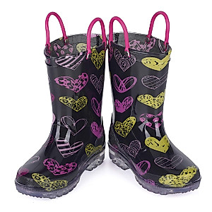 HugRain kids Girls Rain Boots Toddler Light Up Printed Waterproof Shoes Lightweight Adorable Cute Pink Heart Rubber with Easy-On Handles and Insole (Size 3,Black)