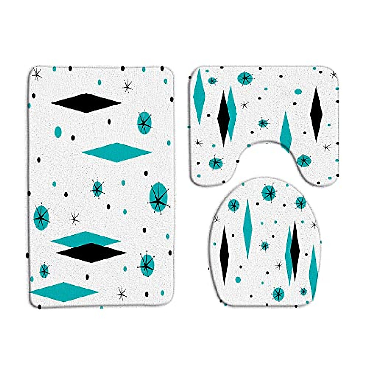 SRAUYST Mid Century Modern Bath Mat Teal Black Diamond Atomic Boho Microfiber Memory Foam Bathroom Rugs,Toilet Lid Cover and Contour Mat 3pc Sets