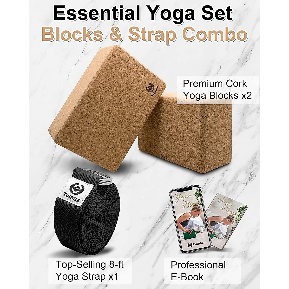 Tumaz Yoga Blocks 2 Pack with Strap Set, High Density/Lightweight EVA Foam Yoga Blocks or Non-Slip Solid Natural Cork Yoga Blocks Set & Premium Yoga Brick for All Yogi [E-Book Included]