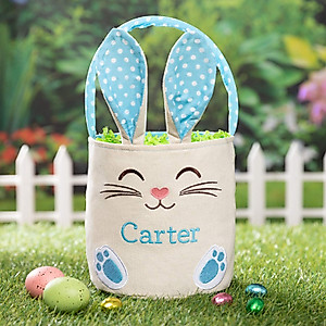 Personalized Bunny Ears Bucket Bag with Custom Name | Blue Polka Dot Liner Easter Bag with Handle | Soft Egg Basket for Kids | Customized Easter Basket | Great for Book and Toy Storage