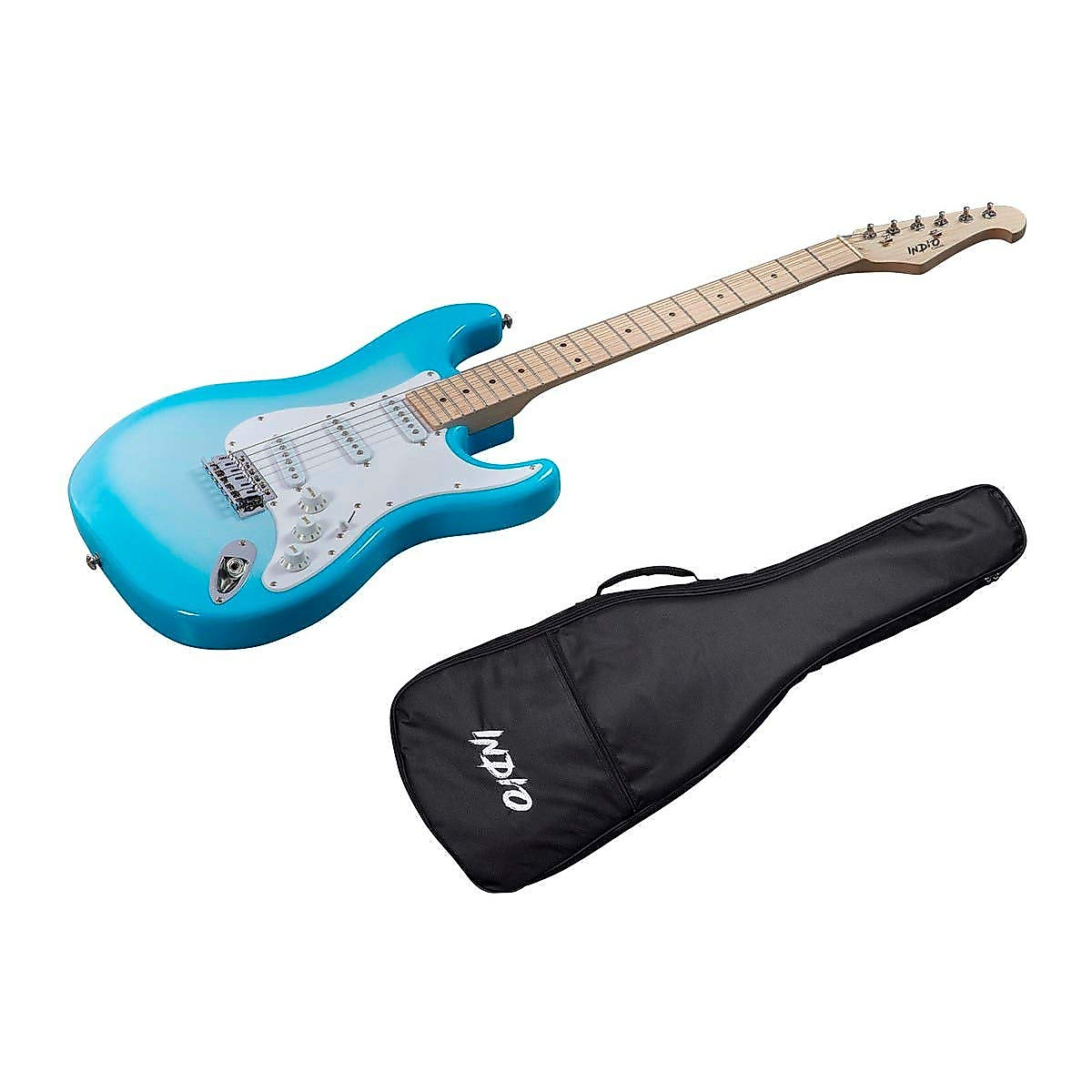 Monoprice Cali Classic Electric Guitar - Blue, 6 Strings, Double-Cutaway Solid Body, Right Handed, SSS Pickups, Full-Range Tone, With Gig Bag, Perfect for Beginners - Indio Series