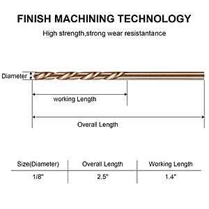 15 Pieces Cobalt Drill Bit Set M35 High Speed Steel Twist Drill Bit Set for Hardened Metal Stainless Steel Cast Iron Woodwork Plastic (1/8 Inch)