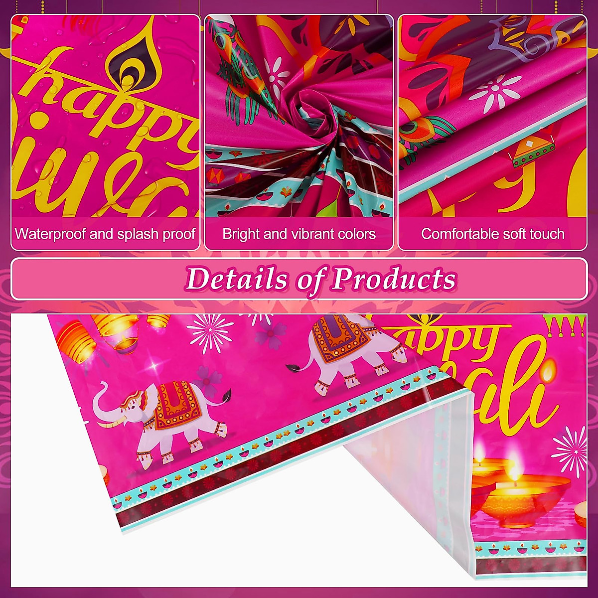 HOWAF 3 Pack Happy Diwali Tablecloth Diwali Diyas Party Table Cloth Festival of Lights Plastic Table Cover Waterproof PVC Disposable Tablecloths for Indian Deepavali Favor Decorations, 51x86 inch