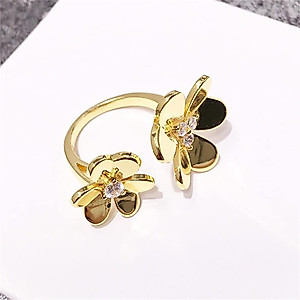 u/b Glossy Thicken Double Clover Ring Women 18k Gold Plating Luxury Jewelry Shine Cubic Zirconia Adjustable Rings (Gold)