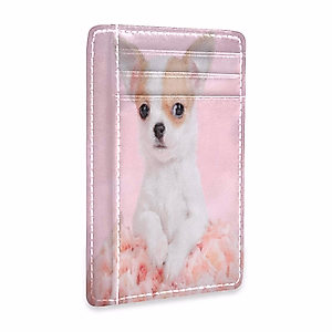 Linomo Thin leather Card Holder and Money Clip Cute Chihuahua Dog Pink Rose Wallet RFID Blocking for Men & Women
