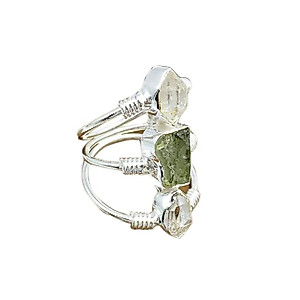 Natural Crystal & Moldavite Gemstone Ring, 925 Sterling Silver Ring, Raw Moldavite Ring, Handmade Ring, Shungite Ring, Birthstone Ring, Statement Ring, Gift for Mom, Rough Gemstone Ring, White