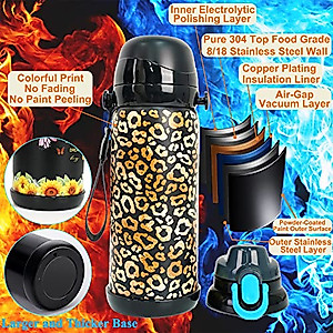 27 OZ Vacuum Insulated Water Bottle with 2 Lids, Stainless Steel Leak Proof Insulated Cup with Strap Keep Drinks Hot and Cold Long Hours for Women, Leopard Metal Water Bottles for School Sports