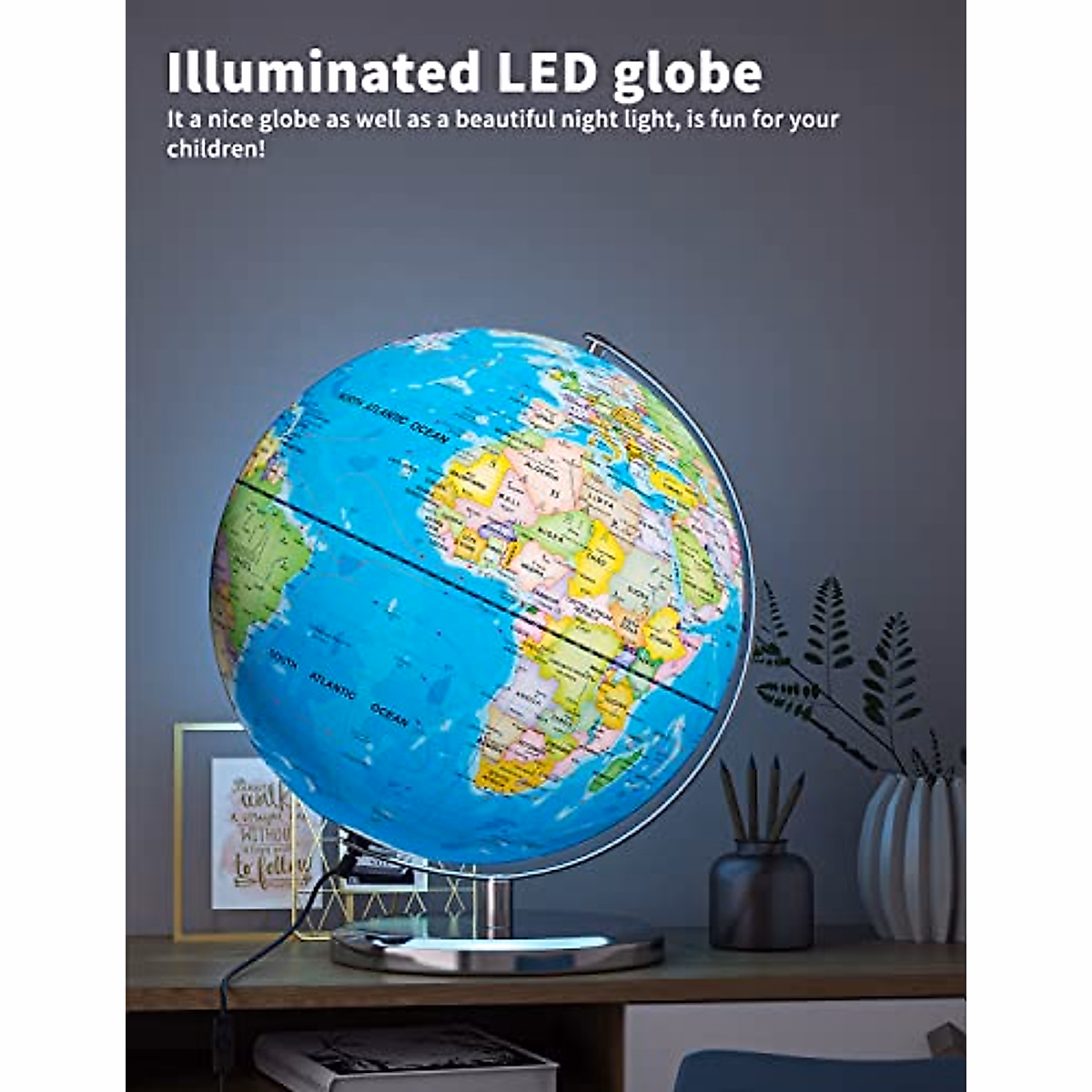 Waldauge 13" World Globe with Stand, Illuminated Educational Globes with HD Printed Map for Kids Classroom Learning, LED Globe Lamp with Stable Heavy Metal Base