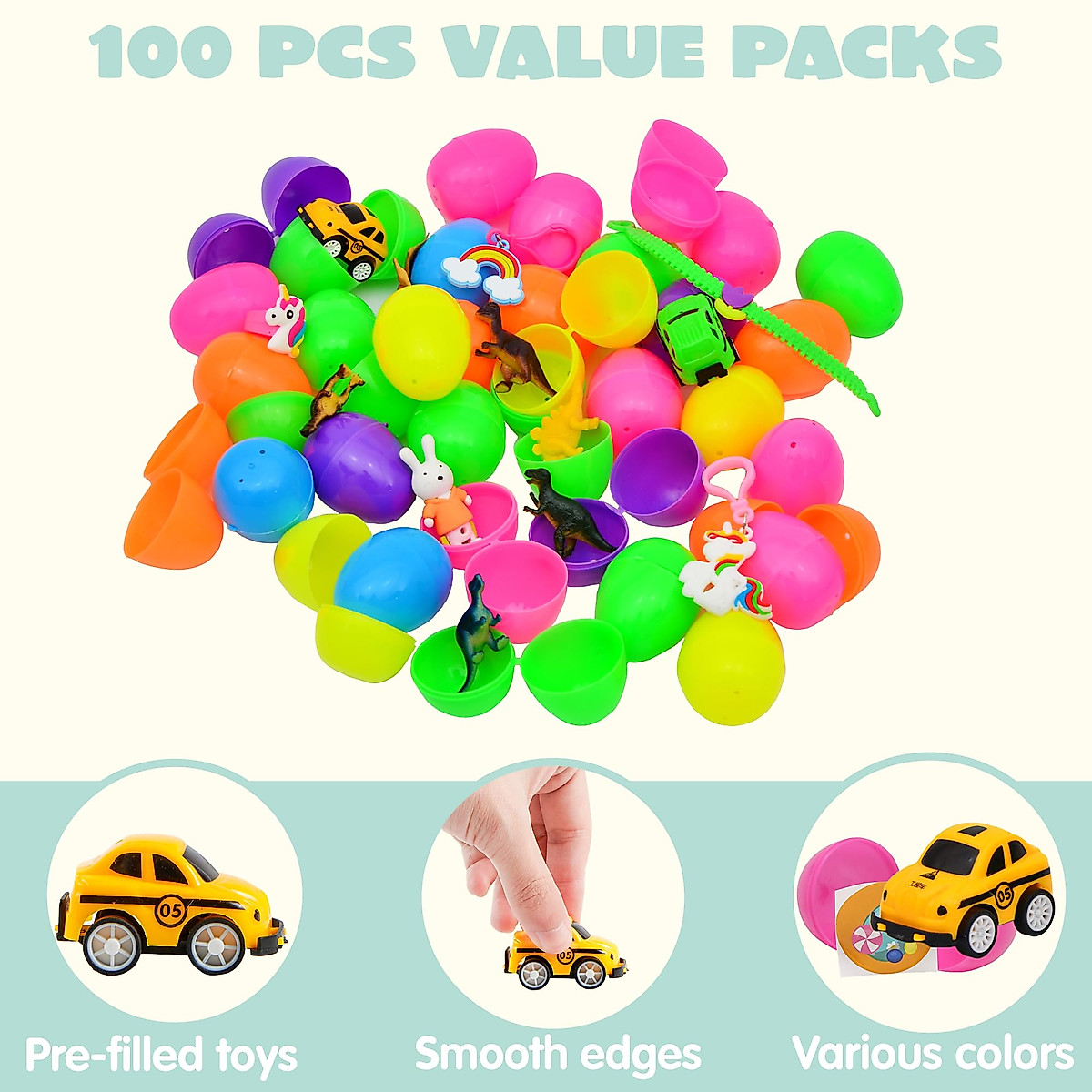 JOYIN 100 Pcs Prefilled Easter Eggs with Toys Plus Stickers, Filled Easter Eggs with Toys Party Favors for Kids Boys Girls Easter Eggs Hunt, Easter Basket Stuffers Fillers,Classroom Prize Supplies