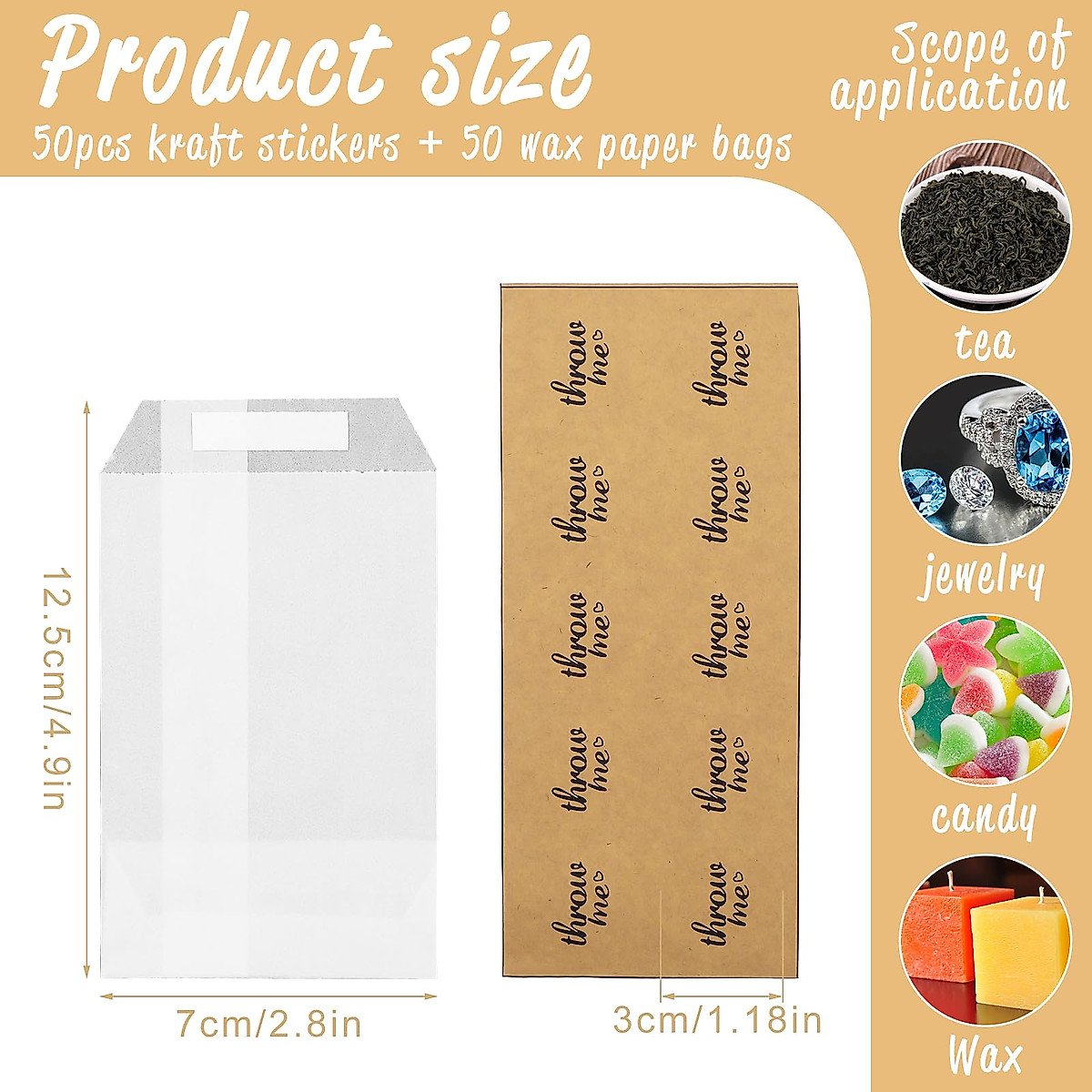 50Sets Wedding Confetti Bags Kit Include 50 Pieces 70 x 105 mm Wedding Confetti Glassine Bags Wedding Favor Bags and 50 Pieces Kraft Brown Wedding Confetti Stickers for Wedding (Throw Some Love)