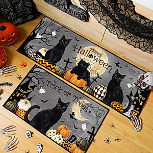 Duraaamo Set of 2 Halloween Cat Kitchen Mats Pumpkin Black Cat Kitchen Mats Trick or Treat Happy Halloween Mats and Rugs for Kitchen Home Decor Halloween Decorations and Accessories