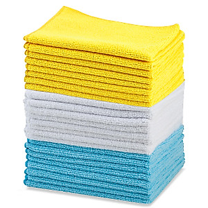 Amazon Basics Microfiber Cleaning Cloths, Non-Abrasive, Reusable and Washable - Pack of 24, 12 x16-Inch, Blue, White and Yellow