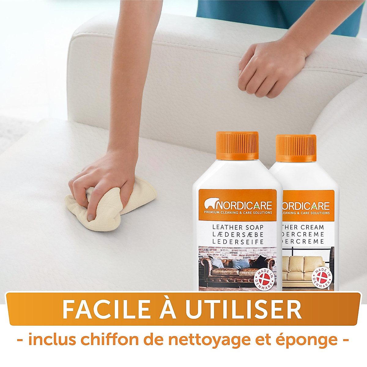 Nordicare Leather Cleaner Care Kit for Sofas, Cars, Furniture - Leather Cleaner for Sofas - Car Leather Cleaner, Leather Cleaner for Car Seats - with UV Protection - Made in Denmark 8.45 oz