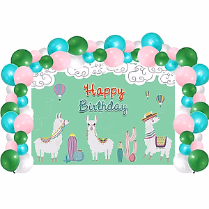 Llama Happy Birthday Party Decorations, Alpaca Cactus Photography Backdrop Banner Sign Decorations with 80pcs Balloons Arch Garland Kit for Girls Mexico Fiesta Themed Birthday Baby Shower Decorations
