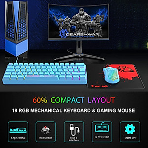 GK61Pro Mechanical Gaming Keyboard and Model Mouse Combo,Wired 18 Chroma RGB Backlit 62key Anti-ghosting Honeycomb Gaming Mouse 12000 DPI Ergonomic for Windows PC Gamers Typists（Blue/Blue Switch）