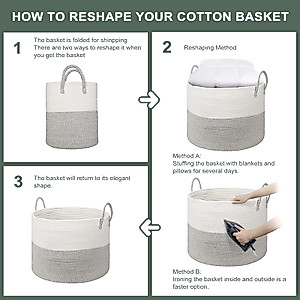 LOVSTORAGE 20.5"x 15" Large Rope Blanket Basket with Lid, Woven Storage Basket Baby Laundry Basket Hamper Decorative Nursery Toy Basket Bin with Handles for Living Room Bedroom-White&Brown, L