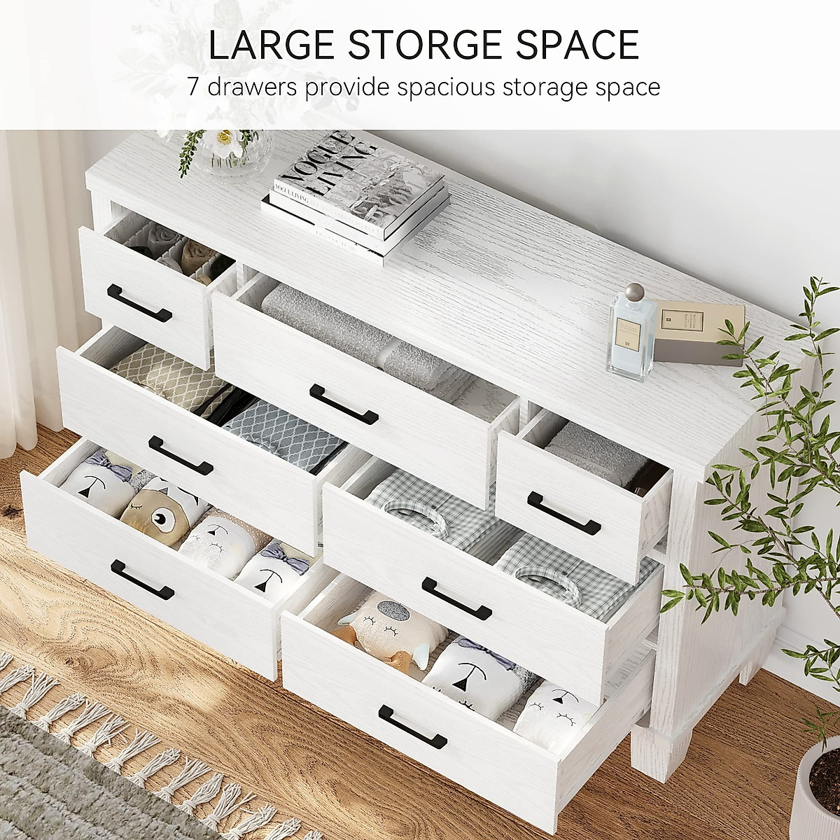 IDEALHOUSE Dresser for Bedroom with 7 Drawers, Modern Chest of Drawers Closet with Metal Handle, Wooden Dresser Organizer, for Bedroom, Living Room, White