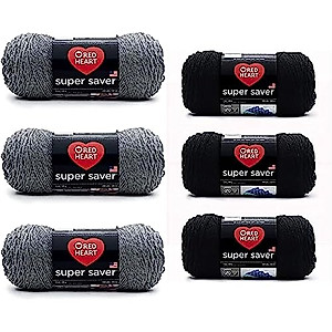 Red Heart Super Saver Yarn, 3 Pack, Gray Heather 3 Count & Super Saver Yarn, 3 Pack, Black 3 Count