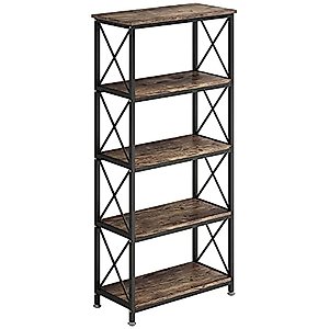 4NM Adjustable Bookshelf 5 Tiers Storage Shelves Kitchen Standing Racks Vintage Bookcase for Study Organizer Home Office Pantry Closet Kitchen Laundry 23.6x11.8x50.6 inches (Rustic Brown and Black)