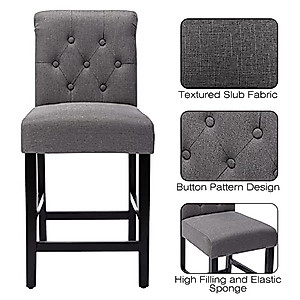 GOTMINSI 24 Inch Bar Stools for Kitchen Island, Set of 2 Fabric Barstools Upholstered Back Counter Bar Stools with Button Tufted Decoration Leisure Style Wooden Bar Chairs(Grey)