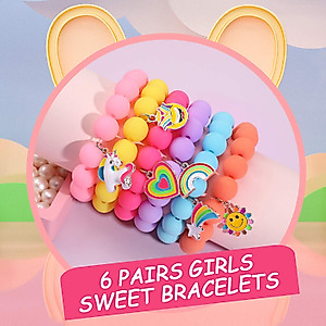 PinkSheep Unicorn Beads Pendant Bracelet for Kid Girl, 6PC, Rainbow Monster Sun Flower Heart Meteor Charm Friendship Bracelet Good Friend Gift