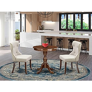 East West Furniture ESSI3-MAH-35 3 Piece Modern Dining Table Set Contains a Round Wooden Table with Pedestal and 2 Doeskin Linen Fabric Upholstered Chairs, 30x30 Inch, Mahogany