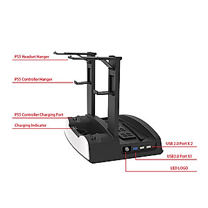 EJGAME Vertical Stand Dual Charging Station with Suction Cooling Fan Compatible with PS5 Console and PS5 Digital Edition, Built-in Headset Holder,Media Remote Stand and13 Game Rack Organizer