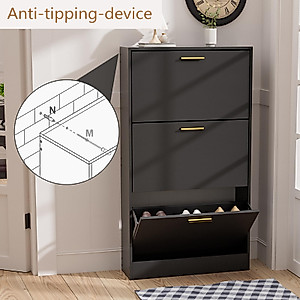 LYNSOM Shoe Cabinet, Free Standing Tipping Bucket Shoe Rack Organizer with 3 Flip Drawers, Modern Entryway Shoe Storage with Top Display, Narrow Slim Hidden Shoe Cabinet (Black)