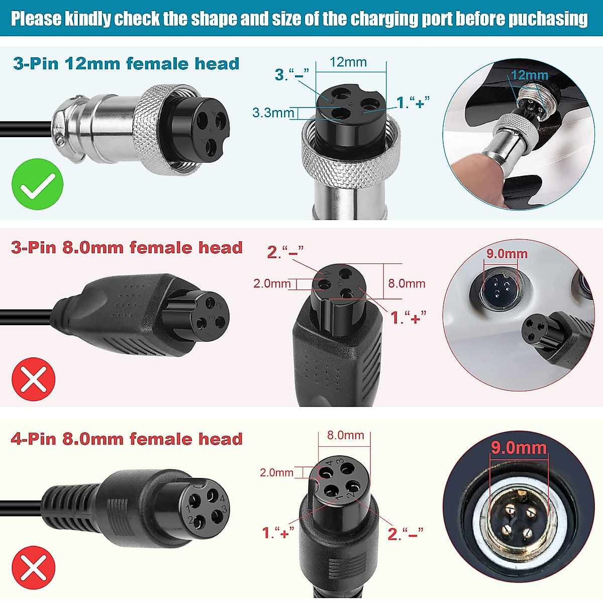 36V 1.8A Female 3-Pin XLR Lead Acid Battery Charger with 3-Prong Inline Power Supply Cord for 36V Boreem Jia, Minimoto, Rad2Go, Electric Scooter, ATV, Go Kart, with 3-Prong Inline Female Connector