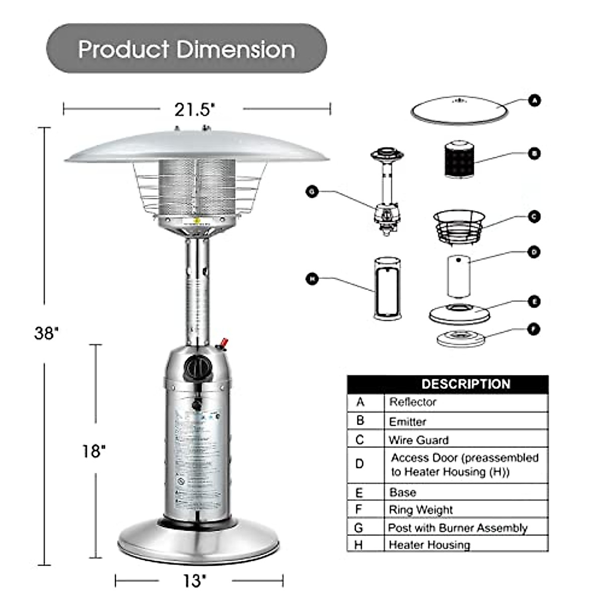 Tangkula Tabletop Propane Patio Heater, 11,000 BTU Portable Outdoor Heater W/Adjustable Flame, Simple Ignition System, Tipping-Over Protection, Ideal for Courtyard, Garden, Patio Restaurant (Silver)