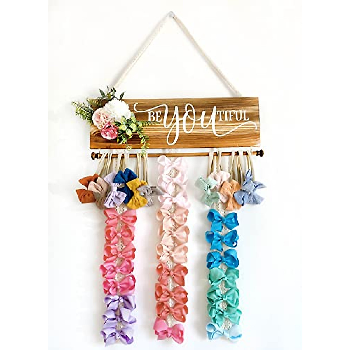 TIMECOSY Bow Holder for Girls Hair Bows and Headbands Bow Organizer and Storage Headband Ribbon Holder for Baby Girl Nursery Decor Hangers (1 Rod, Brown)