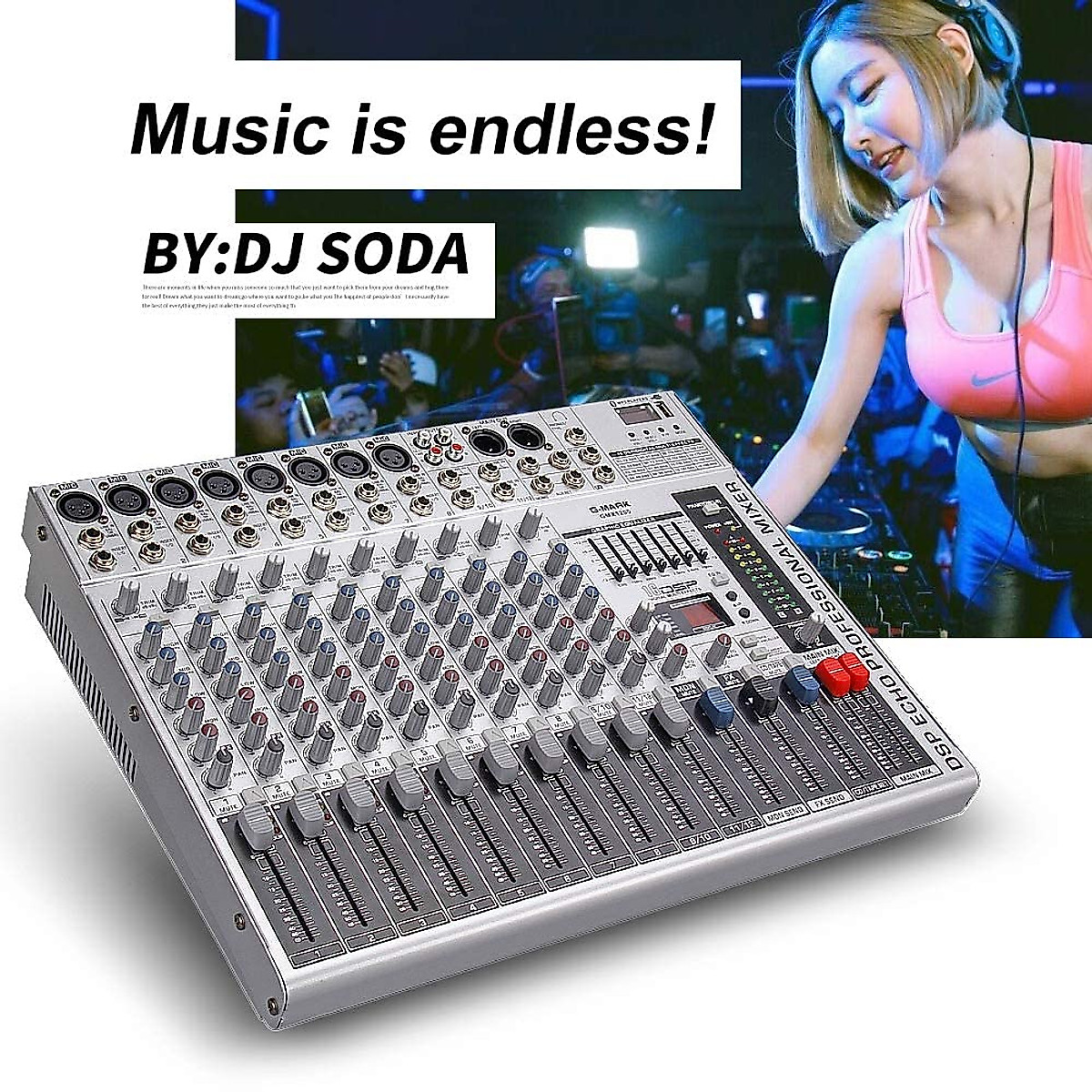 DJ Mixer G-MARK GMX1200 12 channel Professional USB Audio Mixing console Music Studio 8 mono 4 stereo 7 brand EQ 16 Effect Podcast Streaming Audio Interface