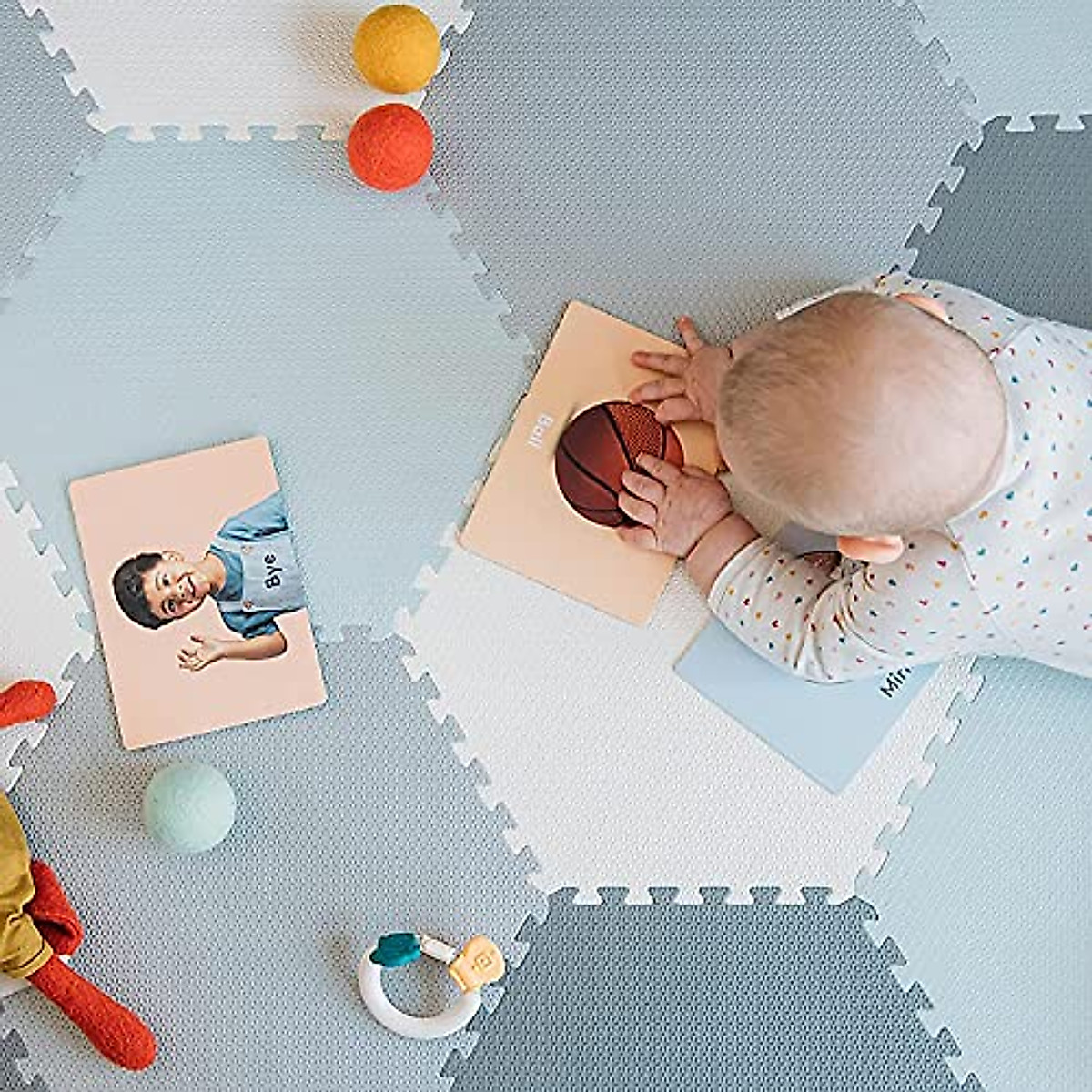 Baby Brielle Soft Non-Toxic Extra Thick Interlocking Hexagon Tile Foam for Babies and Toddlers - Exercise Mats for Crawling, Playing Grey & White Floor Mat for Nursery, Play Room - 48”x72”, 38 Pieces