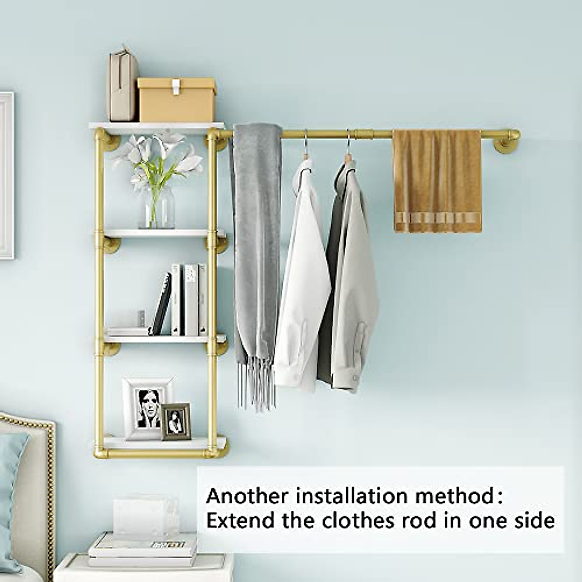 Wall Mounted Pipe Clothing Rack with Shelf,Gold Industrial Clothes Rack with 4 Tier Closet Bar Heavy Duty Iron Garment Rack, Retail Display Clothes Rod for Hanging Clothes,Laundry Room (Gold)