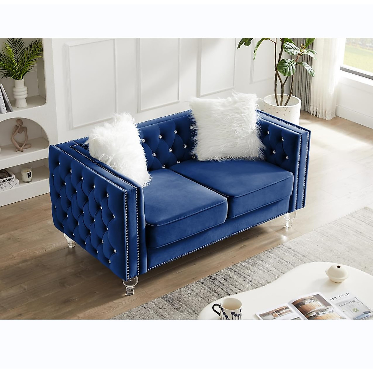 BeiXuan Modern Eucalyptus Wood Frame Convertible Loveseat Sofa Bed,2-Seat Couch Leisure Chair with Upholstery Pillows,for Living Room/Reading/Bedroom/Apartment/Small Space,Blue Velvet