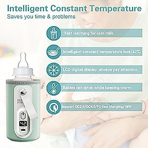 SOPEWOD Portable Bottle Warmer, USB Bottle Warmer for Breastmilk and Formula with LCD Display, Fast and Accurate Heating of Baby Bottle Warmer for Car and Travel(Green)